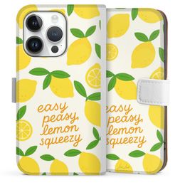 DeinDesign iPhone 14 Pro Handy Klapph&uuml;lle Handyh&uuml;lle aus Kunst Leder wei&szlig; Flip Case Spruch Statement Lemon Sideflip mit Lasche
