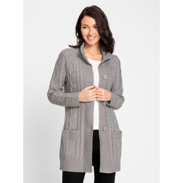 WITT Damen Longstrickjacke mit Einstrickmuster, steingrau-meliert, Gr&ouml;&szlig;e 36
