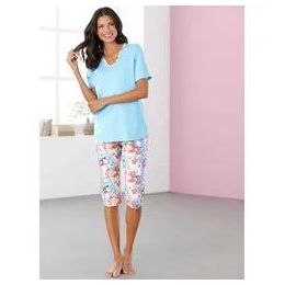 Capri-Pyjama, Damen, Gr. 40/42, blau (aqua, koralle, bedruckt), 100% Baumwolle, Homewear-Sets, Topseller