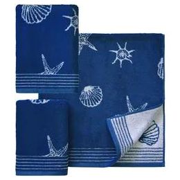 Handtuch Set Dyckhoff "Seashell", blau (marine), 3 Stk., Walkfrottee, Walkfrottee, Obermaterial: 100% Baumwolle, Handtuch-Sets, mit Muschelmuster; 2 Handt&uuml;cher (50x100cm), 1 Duschtuch (70x140cm)