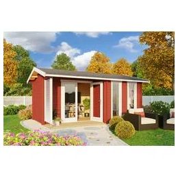 Gartenhaus Lasita Maja "Riverside", rot (schwedenrot), Fu&szlig;boden im Gartenhaus, ohne Dacheindeckung, Holzwerkstoff, Gartenh&auml;user, Gartenhaus, Blochbohlenhaus 28mm Terrasse, Fundamentmass 4800x3000, Schwedenrot