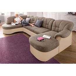 Wohnlandschaft DOMO collection "Flores auch in Leder-Bezug, B/T/H: 293/180/86 cm, U-Form", braun (creme, beige, braun), B:293cm H:84cm T:182cm, NaturLEDER (echtes Rindsleder) in Sitz und Rücken. Korpus in passendem Kunstleder SOFTLUX bezogen;Microfaser PRIMABELLE (100% Polyester) / Struktur ( 100% Polyester );Kunstleder SOFTLUX / Struktur ( 90% Polyester, 10% Polyacryl ), Sofas, wahlweise mit Bett