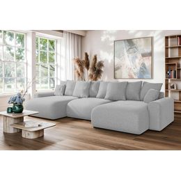 Wohnlandschaft Home Affaire "LAKESIDE mit Bettfunktion und Bettkasten, Ma&szlig;e B/T/H: 332,5/142/84 cm", grau (hellgrau), B:332,5cm H:84cm T:142cm, 100% Polyester, Sofas, Wohnlandschaft, U‑Form mit vielen Kissen und Wellenunterfederung