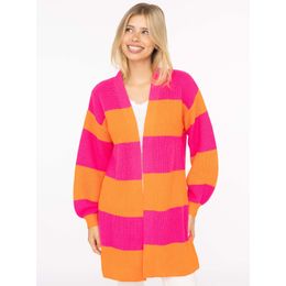 Cardigan Zwillingsherz ""Katja"", Damen, bunt (pink orange), Strick, Obermaterial: 70% Polyacryl, 30% Wolle, colorblocking, bequem ca. Mitte Oberschenkel, V-Ausschnitt, Rippstrickbündchen, Strickjacken, One Size, Wollanteil, Langarm, Blockstreifen, ohne Verschluss