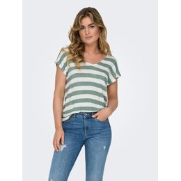 V-Shirt Only "ONLLIRA LIFE S/S V-NECK TOP JRS NOOS", Damen, Gr. L, grün (chinois grün stripes:cloud dancer), Jersey, Obermaterial: 95% Viskose, 5% Elasthan, gestreift, regular fit normal, V-Ausschnitt, Shirts