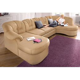 Wohnlandschaft DOMO collection "Flores auch in Leder-Bezug, B/T/H: 293/180/86 cm, U-Form", beige (sand), B:293cm H:84cm T:182cm, NaturLEDER (echtes Rindsleder) in Sitz und Rücken. Korpus in passendem Kunstleder SOFTLUX bezogen;Microfaser PRIMABELLE (100% Polyester) / Struktur ( 100% Polyester );Kunstleder SOFTLUX / Struktur ( 90% Polyester, 10% Polyacryl ), Sofas, wahlweise mit Bettfunktion, wahlw