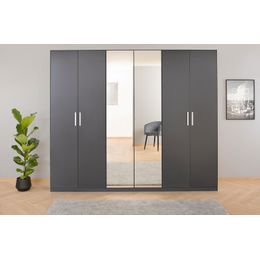 Drehtürenschrank Rauch "Kleiderschrank Schrank Garderobe Ankleide KOLUNA mit Dekor-Front", grau (graumetallic), B:271cm H:210cm T:54cm, Holzwerkstoff, Schränke, mit Spiegel, inkl. 2 Innenschubladen sowie extra Böden