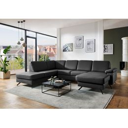 Wohnlandschaft DIE PLANBAR "PN-EM15047 U-Form, ohne Kopfstützen", grau (anthrazit), B:309cm H:88cm T:235cm, Sofas, Echtleder, wahlweise mit Bettfunktion u. Stauraum