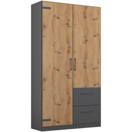 Drehtürenschrank Rauch "Holmes", grau (graumetallic, eiche artisan), B:91cm H:197cm T:54cm, Holzwerkstoff, Schränke, im Industrial Style, mit Schubkästen, mit oder ohne Spiegel