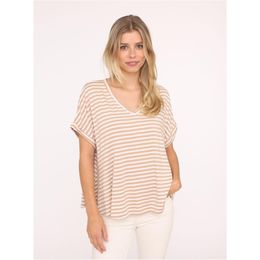 T-Shirt Zwillingsherz ""Maritime Streifen"", Damen, beige, Obermaterial: 97% Viskose, 3% Elasthan, gestreift, loose fit hüftlang, V-Ausschnitt, Shirts T-Shirt, One Size, Kurzarm, V-Ausschnitt, gestreift, Loose Fit