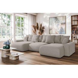 Wohnlandschaft Home Affaire "LAKESIDE mit Bettfunktion und Bettkasten, Ma&szlig;e B/T/H: 332,5/142/84 cm", beige, B:332,5cm H:84cm T:142cm, 100% Polyester, Sofas, Wohnlandschaft, U‑Form mit vielen Kissen und Wellenunterfederung