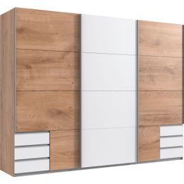 Schwebetürenschrank wimex "Emden", weiß (plankeneichefarben, weiß), B:270cm H:210cm T:64cm, Spanplatte, Schränke, Mit Außenschubkästen