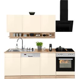 Küchenzeile KOCHSTATION "KS-Virginia", beige (küche: natur, front: creme hochglanz, korpus: eiche sonoma, arbeitsplatte: eiche sonoma), B:220cm H:200cm T:60cm, Komplettküchen-Sets, Breite 220 cm, wahlweise mit oder ohne E-Geräte