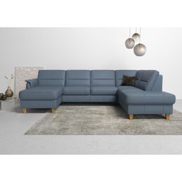 Wohnlandschaft Home Affaire "Palmera U-Form, B: 308 cm", blau (grau, blau), B:308cm H:89cm T:212cm, Luxus-Microfaser (100% Polyester);Struktur (100% Polyester);Luxus-Microfaser in Lederoptik (100% Polyester), Sofas, optional Bettfunktion & Bettkasten, Federkern