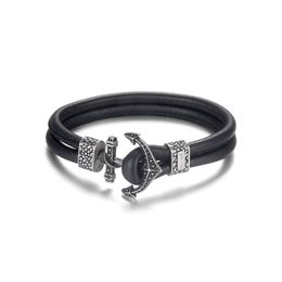 Armband Kingka "Anker", schwarz (edelstahlfarben, schwarz), Armbänder, Herren, 22cm, Edelstahl Leder, Edelstahl, Leder