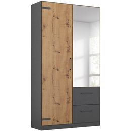 Drehtürenschrank Rauch "Holmes", grau (graumetallic, eiche artisan), B:91cm H:197cm T:54cm, Holzwerkstoff, Schränke, im Industrial Style, mit Schubkästen, mit oder ohne Spiegel