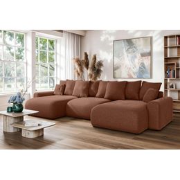 Wohnlandschaft Home Affaire "LAKESIDE mit Bettfunktion und Bettkasten, Ma&szlig;e B/T/H: 332,5/142/84 cm", rot (ziegelrot), B:332,5cm H:84cm T:142cm, 100% Polyester, Sofas, Wohnlandschaft, U‑Form mit vielen Kissen und Wellenunterfederung