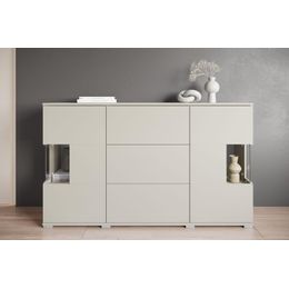 Sideboard Inosign "Kenia", beige (kaschmir), B:150cm H:89cm T:39,5cm, FSC-zertifizierter Holzwerkstoff, Glas, Hartfaserplatte, Kunststoff, Sideboards, Sideboard mit 3 Schubladen, 6 Fächern, Glastüren, Breite 150 cm