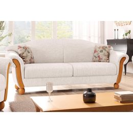 3-Sitzer Home Affaire "Milano, bequemes Sofa mit geschwungenen Armlehnen, Landhaus-Stil", beige (sand), B:190cm H:83cm T:81cm, Chenille (70% Polyacryl, 30% Polyester);Chenille (70% Polyacryl, 30% Polyester) auf Korpus und Zierkissen, Sitz und R&uuml;cken im Blumenmuster &raquo;Paradise&laquo; (100% Polyester), Sofas