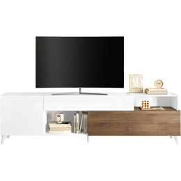 Lowboard Inosign "Monaco in Breite 241 cm, TV-Schrank mit Tür, Klappe und Schubkasten", weiß (weiß hochglanz lack, mercure nb holzstruktur), B:241cm H:67cm T:42cm, Sideboards, Mediaboard – sanft schließend, edel, mit Kabelkanal, spürbar geräumig