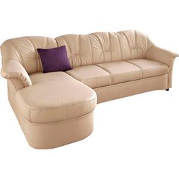 Ecksofa DOMO collection "Flores Schlafsofa, B/T/H: 233/142/86 cm, L-Form", beige (sand), B:231cm H:84cm T:142cm, Kunstleder SOFTLUX / Struktur ( 90% Polyester, 10% Polyacryl );NaturLEDER (echtes Rindsleder) in Sitz und R&uuml;cken. Korpus in passendem Kunstleder SOFTLUX bezogen;Microfaser PRIMABELLE (100% Polyester) / Struktur ( 100% Polyester ), Sofas, Ecksofa, wahlweise mit Bettfunktion, wahlweise mi