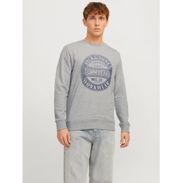 Jack & Jones Sweatshirt JACK & JONES "JJJEANS SWEAT O-NECK", Herren, Gr. M, grau (light grau melange), angeraute Sweatware, Obermaterial: 90% Baumwolle, 10% Viskose, bedruckt, meliert, normal, Rundhals, Rippbündchen, Sweatshirts