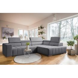 Ecksofa exxpo - SOFA FASHION "Elianos, hoher Sitzkomfort, aufwendige Kreuzsteppung im Sitz, L-Form", grau, B:307cm H:73cm T:201cm, Sofas, Ecksofa, Kopfteile & Sitztiefe verstellbar, ohne Bettfunktion, Cord, grey