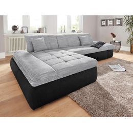Ecksofa DOMO collection "PB Moric wahlweise mit Bettfunktion + Armteilverstellung, L-Form", silber (schwarz, silber), B:300cm H:80cm T:172cm, Kunstleder SOFTLUX / Struktur (90% Polyester, 10% Polyacryl);Zierkissen: Struktur (90% Polyester, 10% Polyacryl);Microfaser PRIMABELLE (100% Polyester) / Struktur (90% Polyester, 10% Polyacryl), Sofas, Ecksofa, im XXL-Format, B/T/H:300/172/80 cm, feine Stepp