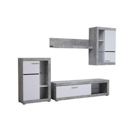 Wohnzimmer-Set Inosign "Rosso Wohnwand, Mediawand, Anbauwand, für TV bis 60', Breite 267 cm", grau (beton), B:266,5cm H:186cm T:41,5cm, Glas, Kunststoff, MDF, Metall, Spanplatte, Kastenmöbel-Sets, Set besteht aus Highboard, TV-board, Wandregal und Hängeschrank