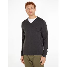 Strickpullover Tommy Hilfiger "ESSENTIAL COTTON V NECK mit V-Ausschnitt und Stickerei", Herren, Gr. XL, grau (dunkelgrau heather), Strick, Obermaterial: 100% Baumwolle, V-Ausschnitt, Rippbündchen, Pullover, unifarben, casual, regular fit, Baumwolle, V-Ausschnitt