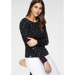 Langarmshirt Kangaroos, Damen, Gr. 40/42, schwarz (schwarz, gemustert), Rippware, Obermaterial: 100% Baumwolle, bedruckt, kontrastfarbene Details, unifarben, sehr figurbetont h&uuml;ftbedeckend, Rundhals, krempelbar, Shirts Langarmshirt, krempelbare &Auml;rmel, sehr figurbetont, aus elastischer Rippware