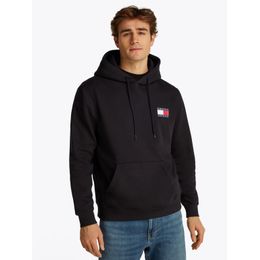 Sweatshirt Tommy Jeans "TJM REG ESSENTIAL FLAG HOOD EXT", Herren, Gr. L, schwarz, Sweatware, Obermaterial: 100% Baumwolle, unifarben, regular fit, breiter Bund, Sweatshirts, mit bedruckten Markenlogo auf Brusthöhe