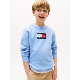 Sweatshirt Tommy Hilfiger "TOMMY SCRIPT FLAG SWEATSHIRT", Jungen, Gr. 5 (110), blau (cloudy blau), Sweatware, Obermaterial: 80% Baumwolle, 20% Polyester, unifarben, regular fit hüftlang, Rundhals, Bündchen, Sweatshirts, für Kinder bis 16 Jahre, Flag-Logo-Druck