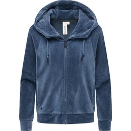 Sweatjacke Ragwear "Corduly Cordy", Damen, Gr. L (40), indigo, Material: 76% Baumwolle, 20% Polyester, 4% Elasthan, oversize hüftlang, hoch geschlossener Ausschnitt, Ärmel ohne Ärmelschlitz abgesteppte Kante, Sweatjacken, Freizeitjacke Zip-Hoodie aus weichem Kord in Samt-Haptik