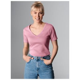 T-Shirt TRIGEMA "TRIGEMA V-Shirt aus Baumwolle/Elasthan", Damen, Gr. L, lila (lilie), 95% Baumwolle, 5% Elasthan, Basic, Shirts