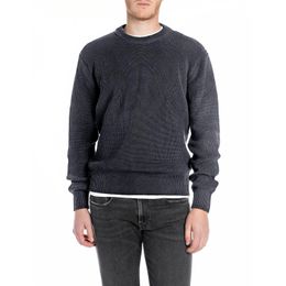 Strickpullover Replay, Herren, Gr. XL, blau (night blau), Strick, Obermaterial: 100% Baumwolle, unifarben, regular fit normal, Rundhals, Rippstrickbündchen, Pullover, mit Rundhals