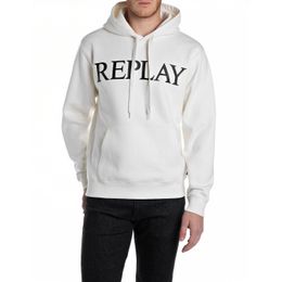 Kapuzensweatshirt Replay, Herren, Gr. L, weiß (natural weiß), Sweatware, Obermaterial: 80% Baumwolle, 20% Polyester, bedruckt, angesetztes Bündchen, Sweatshirts, mit großem Markenprint vorn