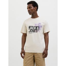 Jack & Jones Print-Shirt JACK & JONES "JJJAXON &ndash; T-Shirt mit Print, Rundhals und Baumwolle", Herren, Gr. S, gelb (moonbeam), Jersey, Obermaterial: 100% Baumwolle, bedruckt, regular fit, Rundhals, Shirts, Print, modisch, regular fit, Jersey, Rundhals