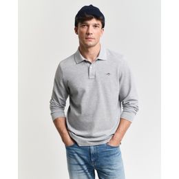 Poloshirt Gant "REG SHIELD LS PIQUE RUGGER", Herren, Gr. S, grau (grau melange), Jersey, Obermaterial: 100% Baumwolle, regular fit hüftlang, hoch geschlossener Ausschnitt, Rippbündchen, Shirts, mit Logotickerei auf der Brust