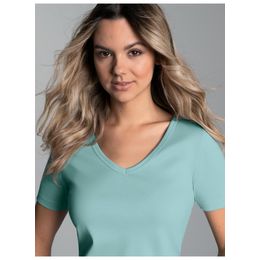 T-Shirt TRIGEMA "TRIGEMA V-Shirt aus Baumwolle/Elasthan", Damen, Gr. S, blau (gletscher), 95% Baumwolle, 5% Elasthan, Basic, Shirts