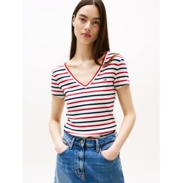 Kurzarmshirt Tommy Jeans "TJW SLIM ESSENTIAL RIB V SS", Damen, Gr. L (40), weiß (weiß, rot, navy stripe), Single Jersey, Obermaterial: 95% Baumwolle, 5% Elasthan, gestreift, slim fit kurz, tiefer V-Ausschnitt, abgesteppt, Shirts, mit gerippter Struktur