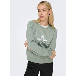 Sweatshirt Only "ONLMARCY L/S O-NECK BOX UB CC SWT", Damen, Gr. XS, lilypad detail:with sequins star, Sweatware, Obermaterial: 94% Polyester, 6% Elasthan, bedruckt, regular fit, Rundhals, Rippbündchen, Sweatshirts