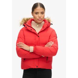 Steppjacke Superdry "FAUX FUR SHORT HOOD PUFFER", Damen, Gr. XS, rot (high risk rot), Web, Obermaterial: 100% Baumwolle, unifarben, elastischer Bund, Jacken