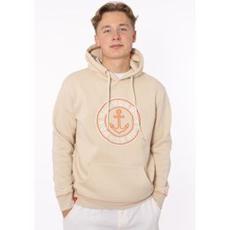 Hoodie Zwillingsherz ""Anker & Moin"", Herren, Gr. S, beige (hellbeige), Sweatware, Obermaterial: 50% Baumwolle, 50% Polyester, unifarben, Basic hüftlang, Rundhals, angesetztes Bündchen, Sweatshirts, mit neongelber Kontrastnaht