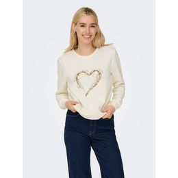Sweatshirt Only "ONLMARCY L/S O-NECK BOX UB CC SWT", Damen, Gr. M, cloud dancer detail:with sequins heart, Sweatware, Obermaterial: 94% Polyester, 6% Elasthan, bedruckt, regular fit, Rundhals, Rippbündchen, Sweatshirts