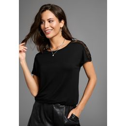 Kurzarmshirt Laura Scott, Damen, Gr. 32/34, schwarz, Jersey, Obermaterial: 95% Viskose, 5% Elasthan. Spitze: 100% Baumwolle, unifarben, figurumspielend h&uuml;ftlang, Rundhals, Shirts Kurzarmshirt, mit Spitze, Topseller