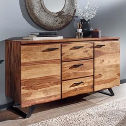 FineBuy Massivholz Sideboard 145cm Sheesham Design Kommode mit 2 T&uuml;ren & 3 Schubladen Baumkante