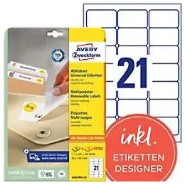 Avery Zweckform L6023REV-25 Abl&ouml;sbare Universaletiketten DIN A4 Wei&szlig; 63,5 x 38,1 mm 30 Blatt &agrave; 21 Etiketten