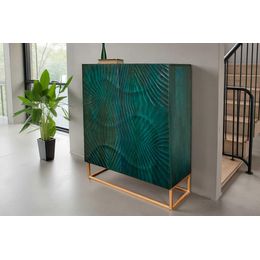 Riess Ambiente Massives Highboard SCORPION 120cm türkis Mangoholz mit 3D Schnitzereien gold Metall Riess-Ambiente Boheme Glamour