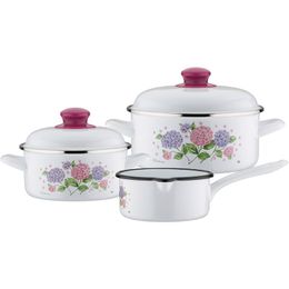 GSW Topf-Set »Hortensie« Set, 1x Kochtopf Ø 16 cm, 1x Kochtopf Ø 20 cm, 1x Stielkasserolle Ø 16 cm, 5 Stk. tlg. Stahl-Emaille weiß/bunt